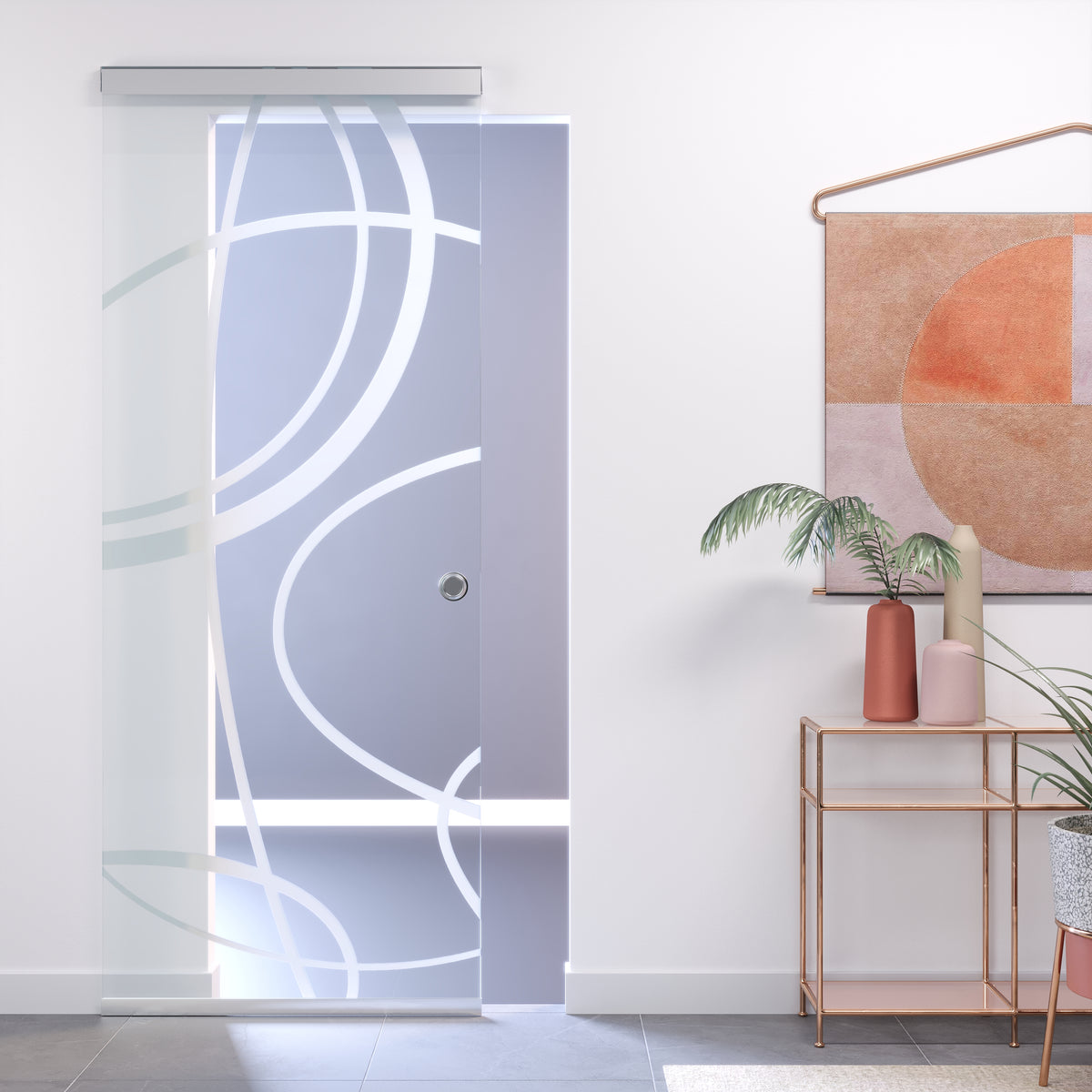 Transparent external sliding door with sandblasted design – FIP Porte